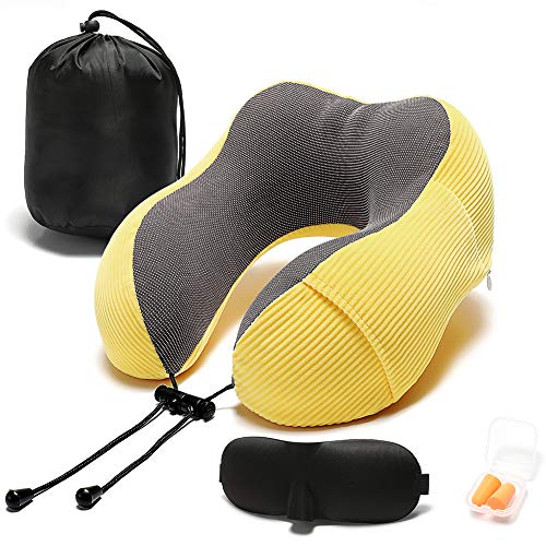 Travel Pillow Memory Foam with 360-Degree Head Support Comfortable Neck Pillow with Storage Bag Lightweight Traveling Pillow for Airplane, Car, Train, Bus and Home Use (Yellow)