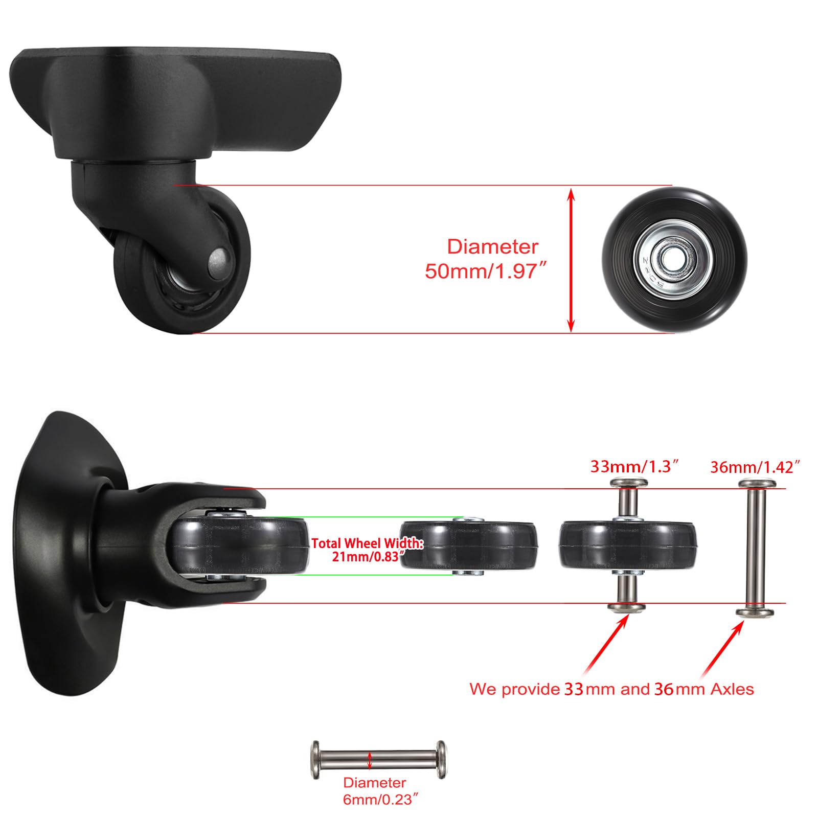 OwnMy 50mm x 18mm Set of 4 Luggage Suitcase Replacement Wheels, Rubber Swivel Caster Wheels Bearings Repair Kits (Black)