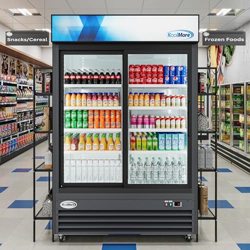 KoolMore MDR-2D-GSLD Commercial Glass 2 Door Display Refrigerator Merchandiser - Upright Beverage Cooler with LED Lighting - 45 Cu. Ft., Black