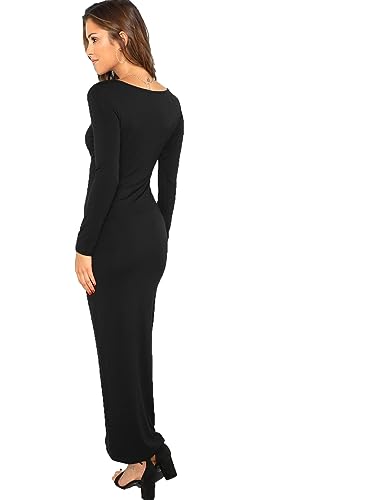 Verdusa Women's Long Sleeve Square Neck Bodycon Maxi Long Dress Black XS