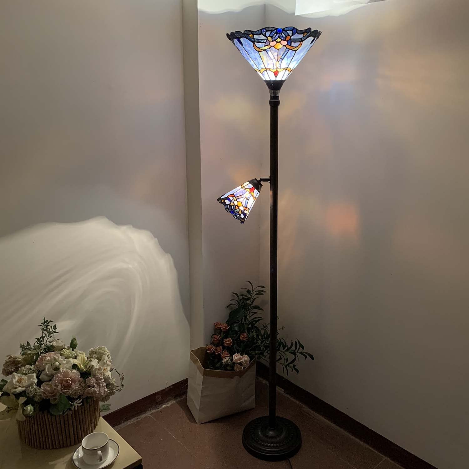 Bieye L10686 Baroque Tiffany Style Stained Glass Torchiere Floor Lamp with Sidelight for Reading Home Decor, 71-inch Tall