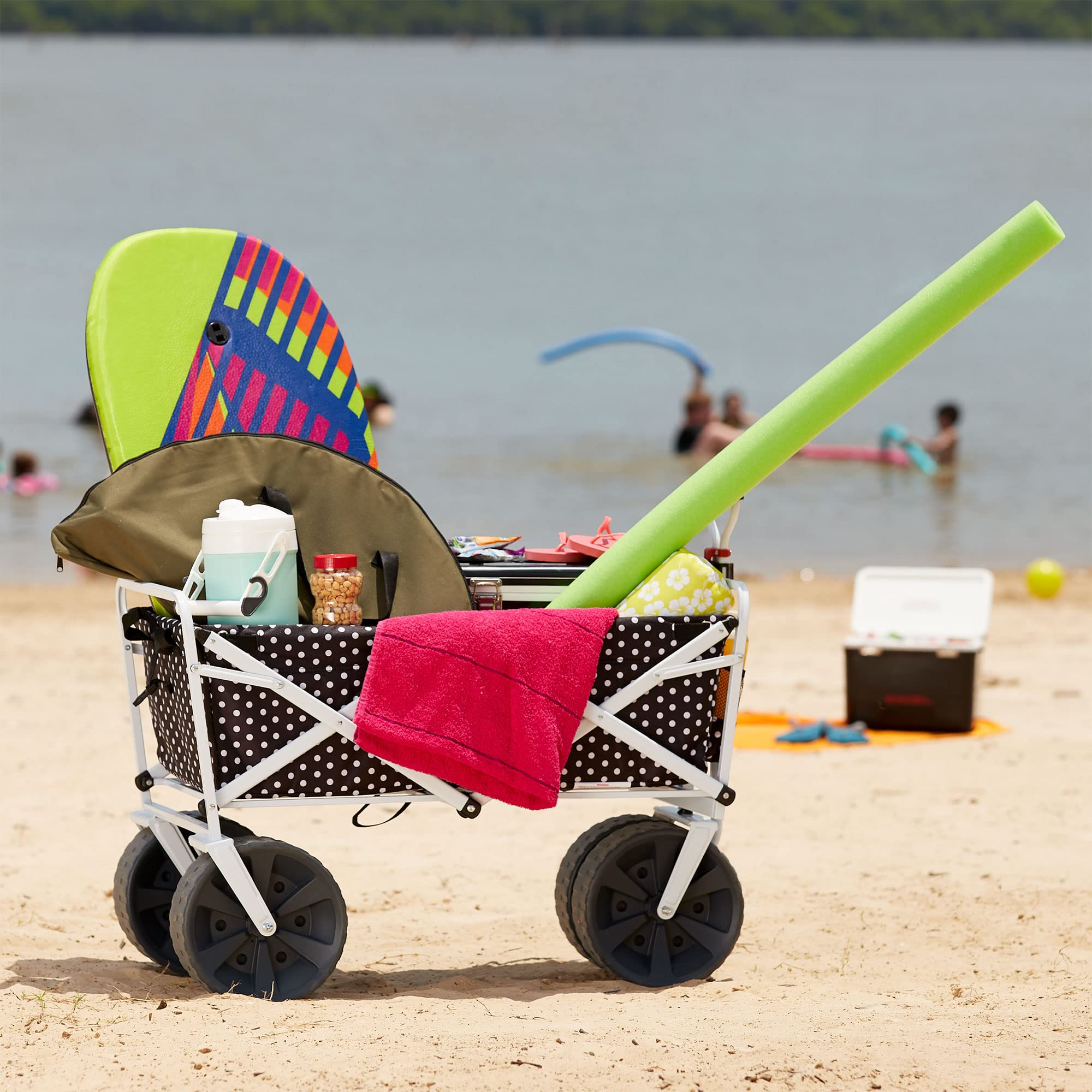MacSports Heavy Duty Steel Frame Collapsible Folding 150 Pound Capacity Outdoor Beach Garden Utility Wagon Cart with 4 All Terrain Wheels, Black Dots