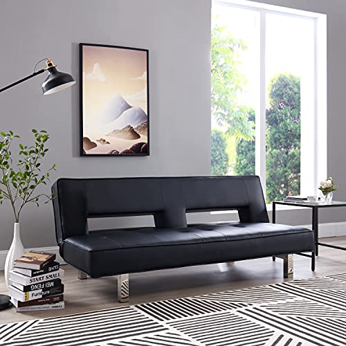 Astrid Futon Sofa Bed Faux Leather Futon Couch Modern Convertible Folding Sofa/Bed Couch with Chrome Legs Reclining Mini Coach Leather Futons Small Couch for Bedroom Living Rooms, Office - Black