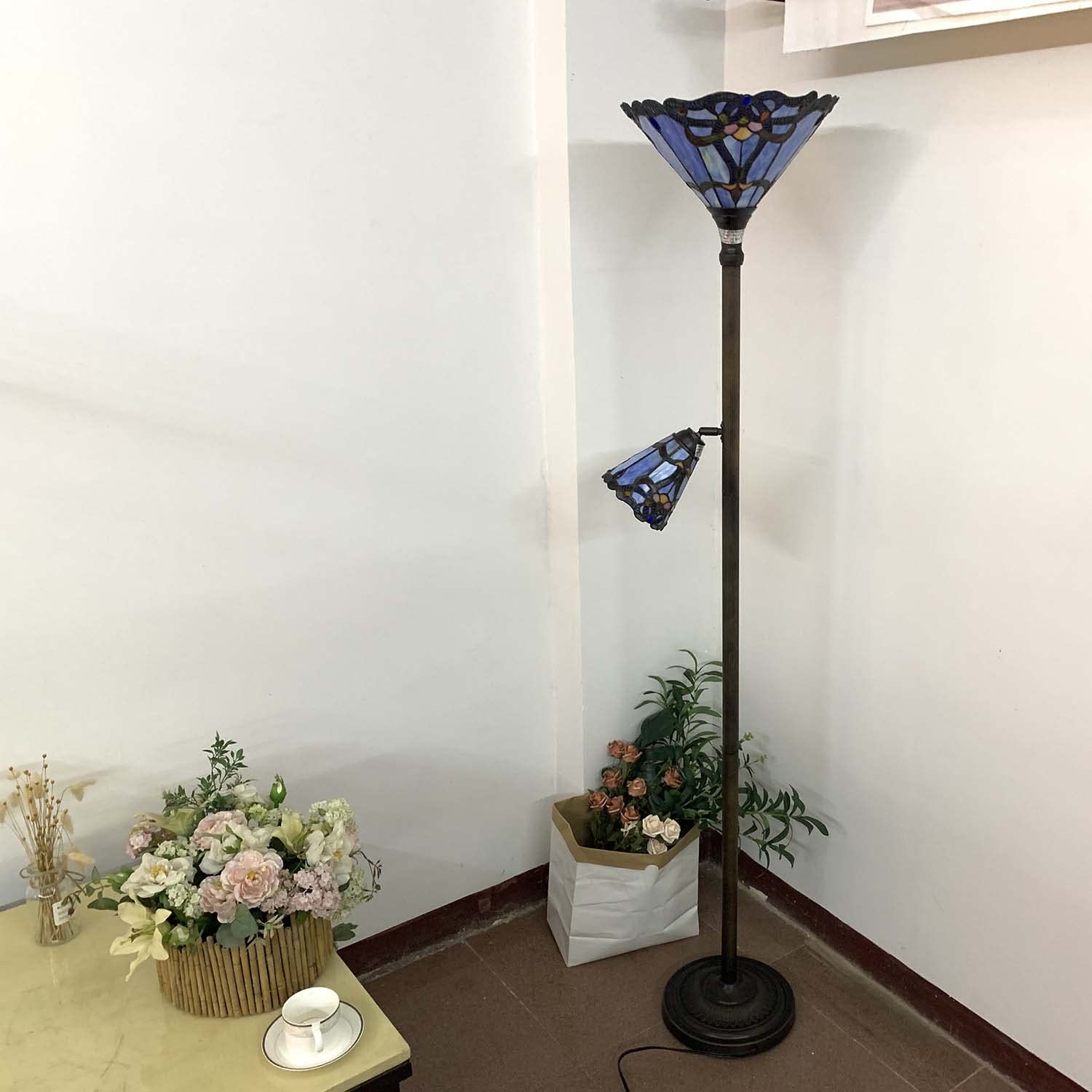 Bieye L10686 Baroque Tiffany Style Stained Glass Torchiere Floor Lamp with Sidelight for Reading Home Decor, 71-inch Tall