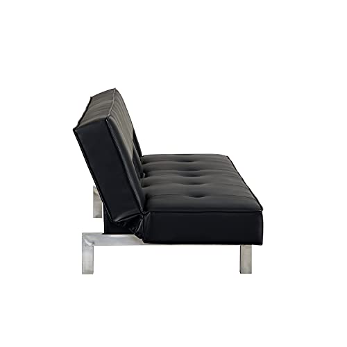 Astrid Futon Sofa Bed Faux Leather Futon Couch Modern Convertible Folding Sofa/Bed Couch with Chrome Legs Reclining Mini Coach Leather Futons Small Couch for Bedroom Living Rooms, Office - Black