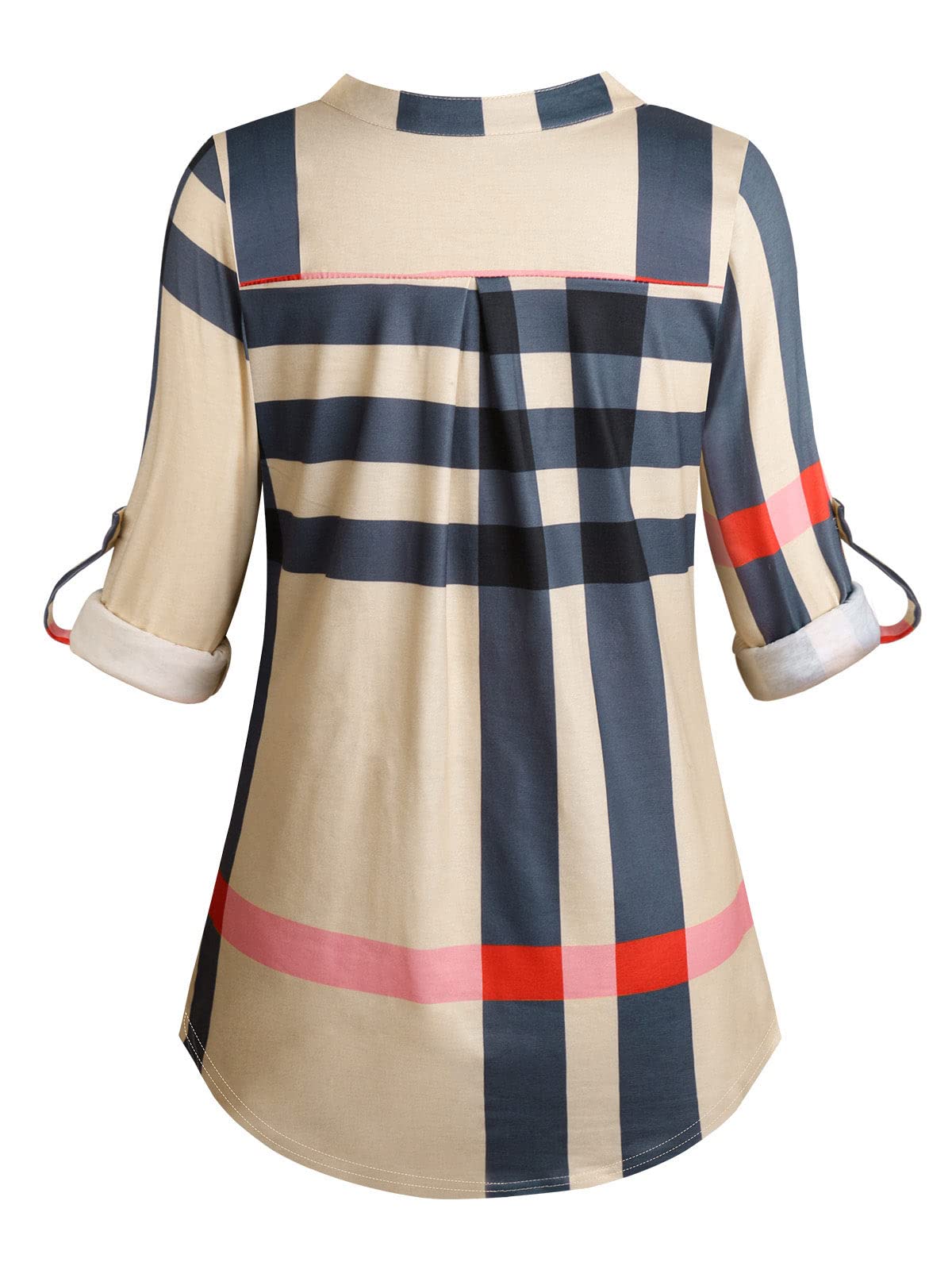 Moyabo Women Clothing Women's 3/4 Cuffed Sleeve Zip Notch V Neck Casual Plaid Tunic Shirt Blouse Top Apricot Medium