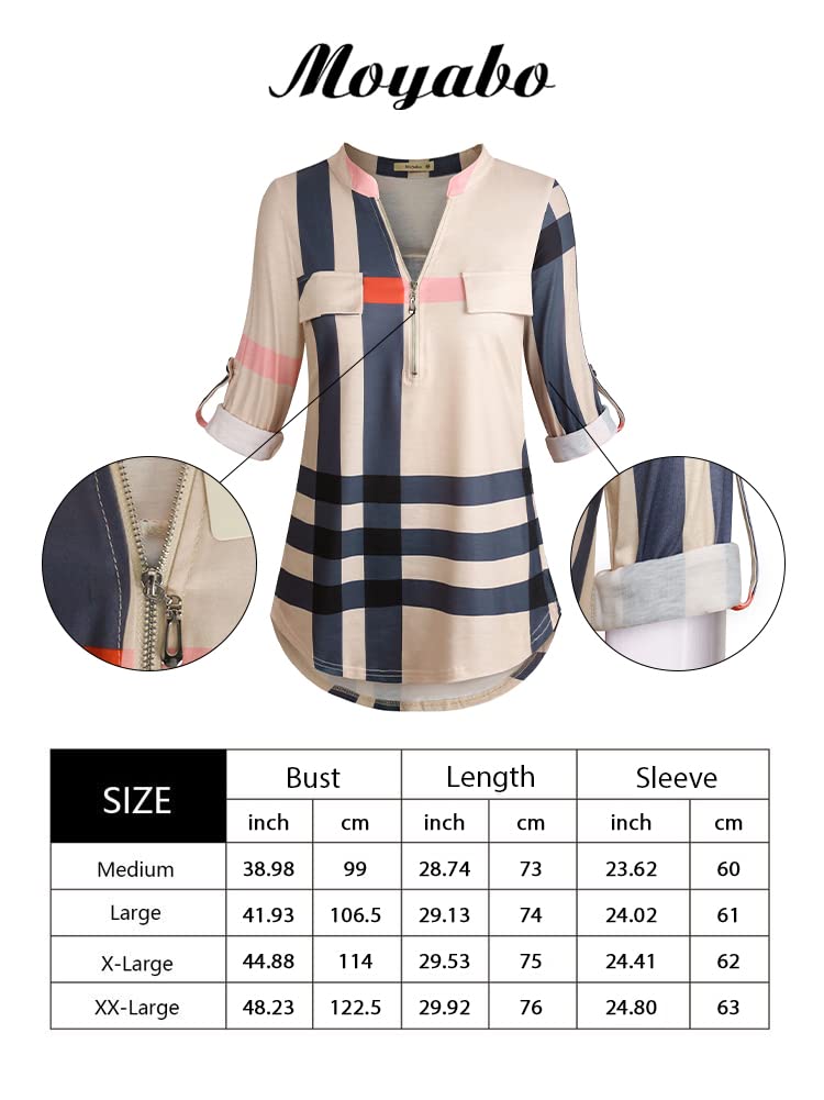 Moyabo Women Clothing Women's 3/4 Cuffed Sleeve Zip Notch V Neck Casual Plaid Tunic Shirt Blouse Top Apricot Medium