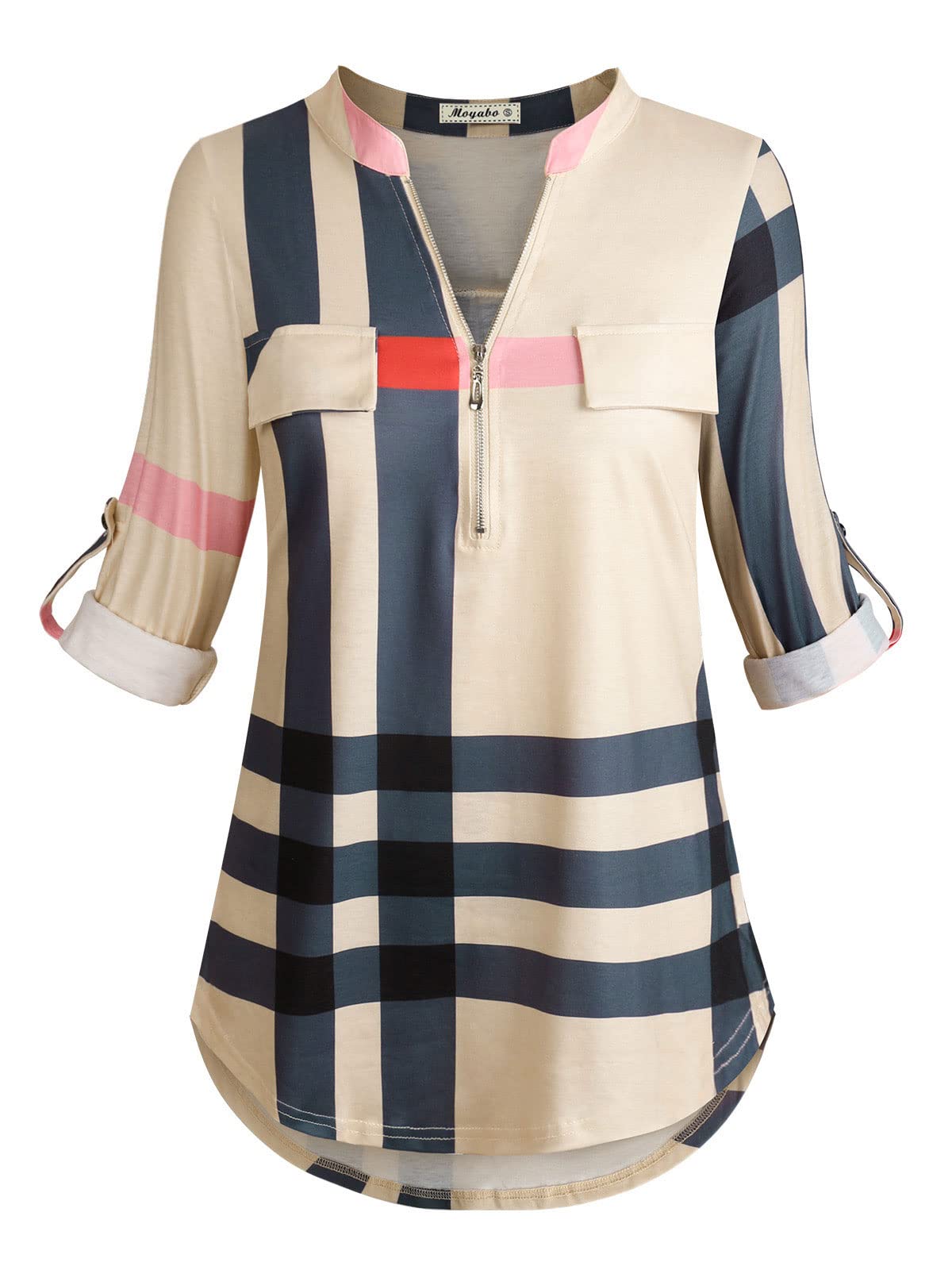 Moyabo Women Clothing Women's 3/4 Cuffed Sleeve Zip Notch V Neck Casual Plaid Tunic Shirt Blouse Top Apricot Medium