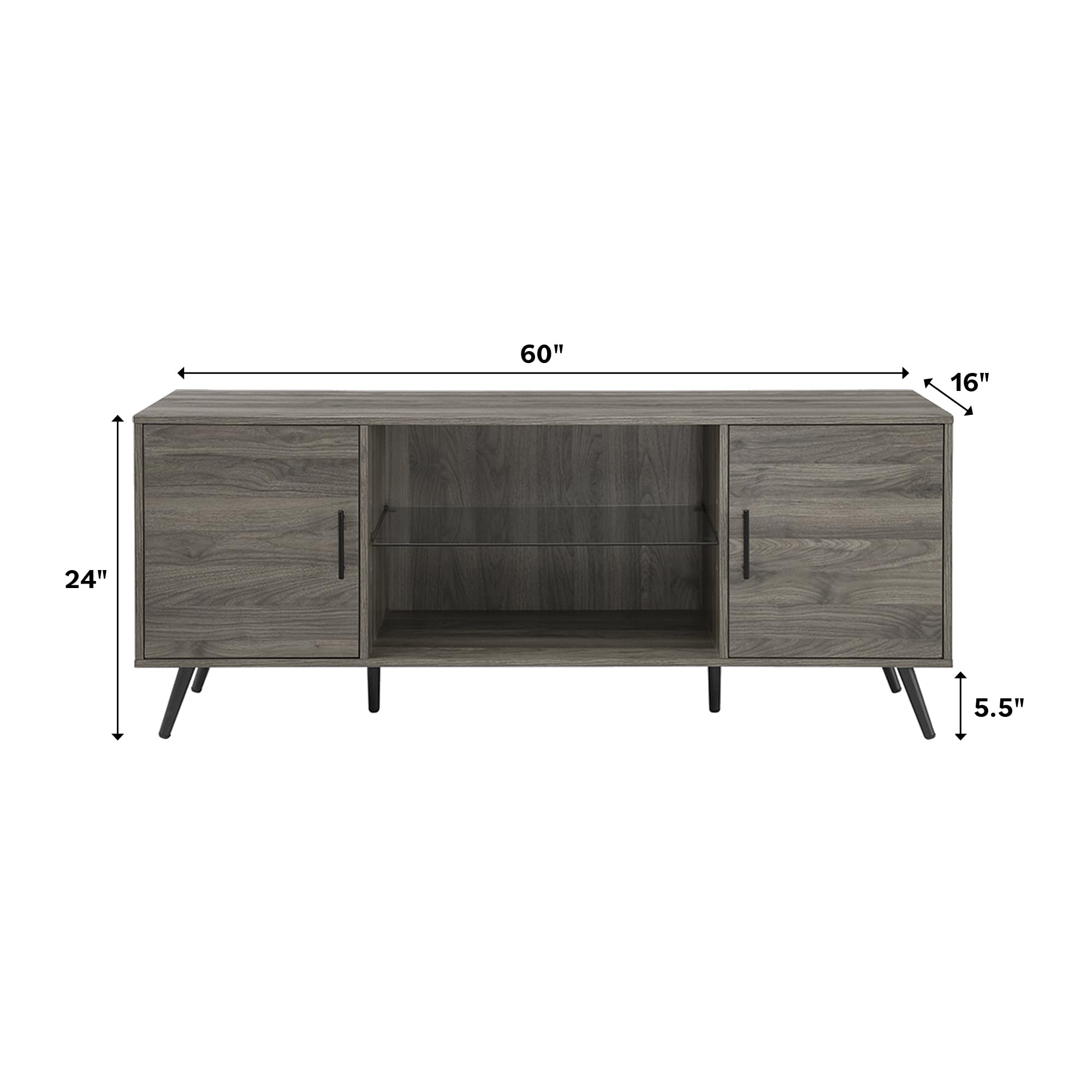 Walker Edison Saxon Mid Century Modern Glass Shelf TV Stand for TVs up to 65 Inches, 60 Inch, Slate Grey