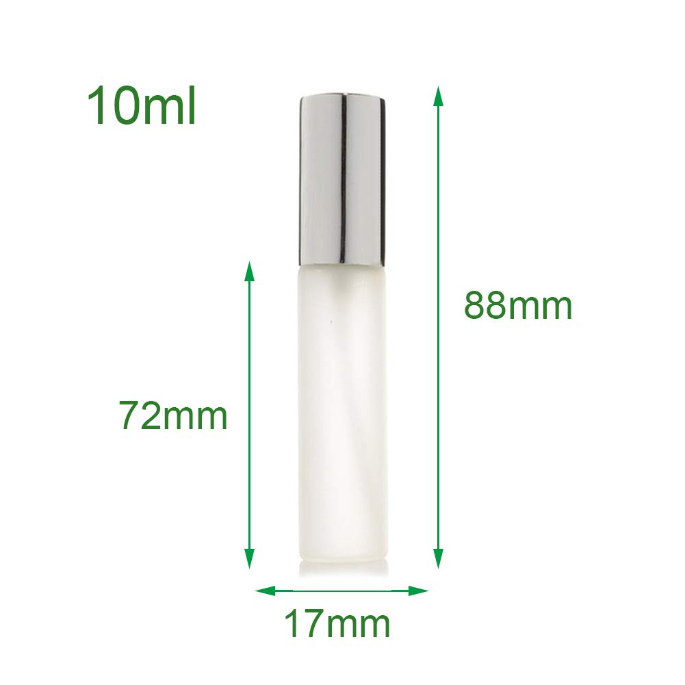 Enslz 6 pcs Frosted Fine Mist 10ml1/3oz Atomizer Glass Bottle Vial Spray Refillable Fragrance Perfume Empty Scent Bottle 2 pcs 3ML Free Pipette (10ml, Silver)