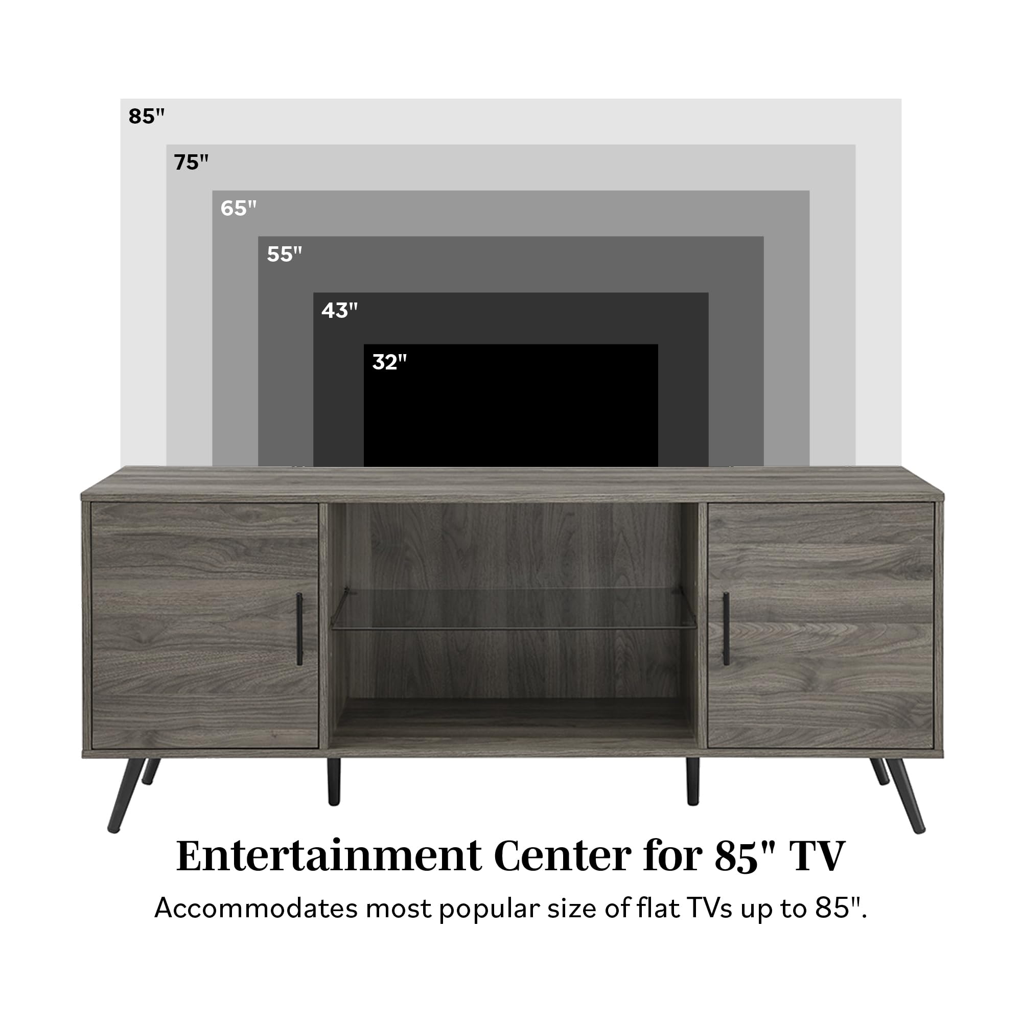 Walker Edison Saxon Mid Century Modern Glass Shelf TV Stand for TVs up to 65 Inches, 60 Inch, Slate Grey