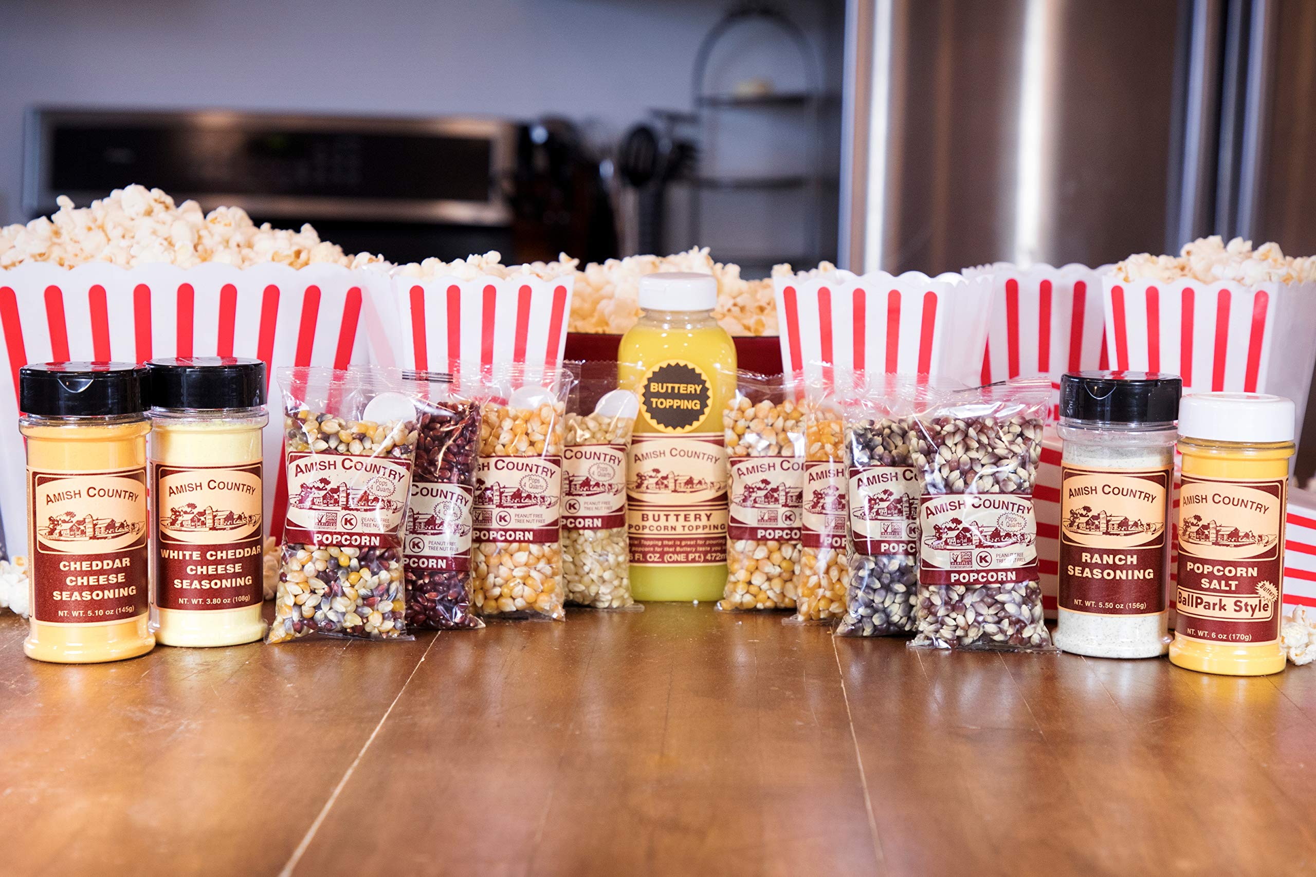 Amish Country Popcorn | 8-4 oz Bags | Air Pop Variety Sampler | Popcorn Kernels and Variety Topping Bundle | Old Fashioned, Non-GMO and Gluten Free