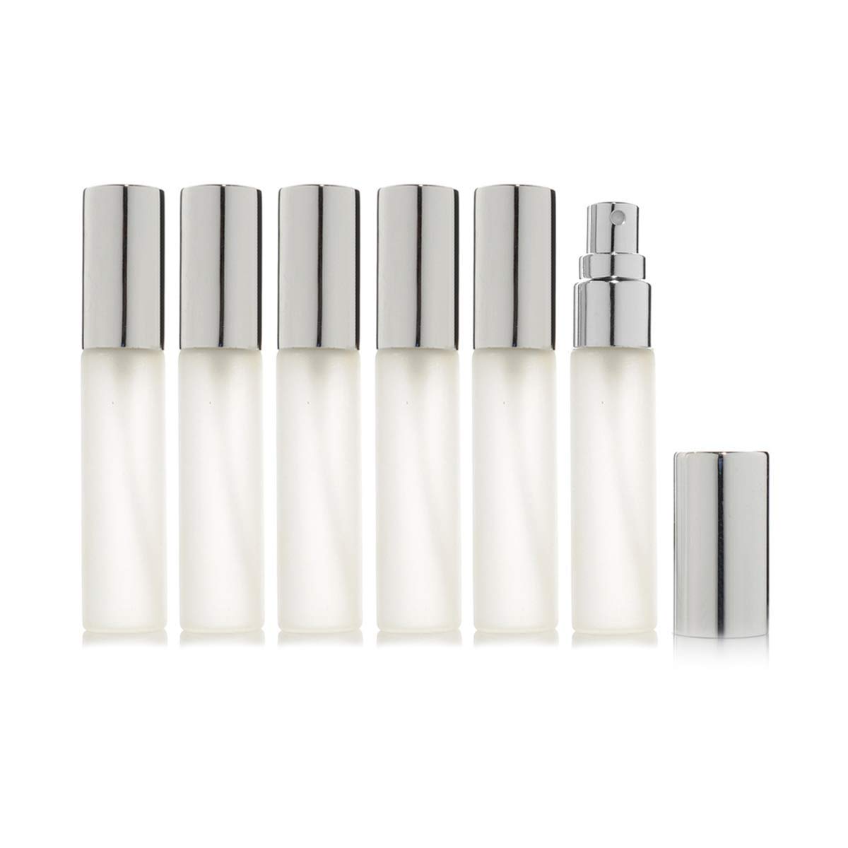 Enslz 6 pcs Frosted Fine Mist 10ml1/3oz Atomizer Glass Bottle Vial Spray Refillable Fragrance Perfume Empty Scent Bottle 2 pcs 3ML Free Pipette (10ml, Silver)