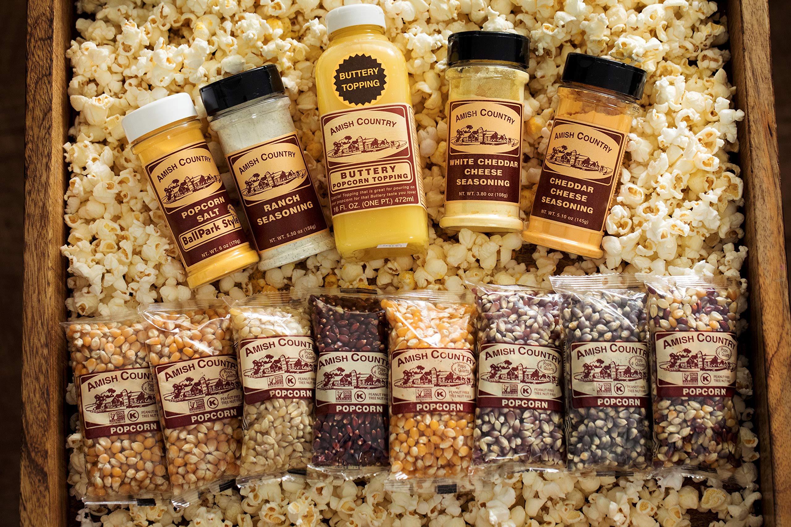 Amish Country Popcorn | 8-4 oz Bags | Air Pop Variety Sampler | Popcorn Kernels and Variety Topping Bundle | Old Fashioned, Non-GMO and Gluten Free