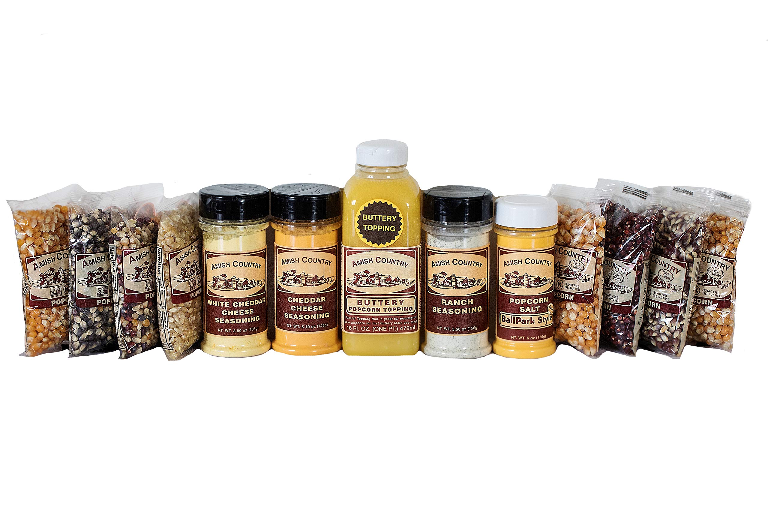 Amish Country Popcorn | 8-4 oz Bags | Air Pop Variety Sampler | Popcorn Kernels and Variety Topping Bundle | Old Fashioned, Non-GMO and Gluten Free