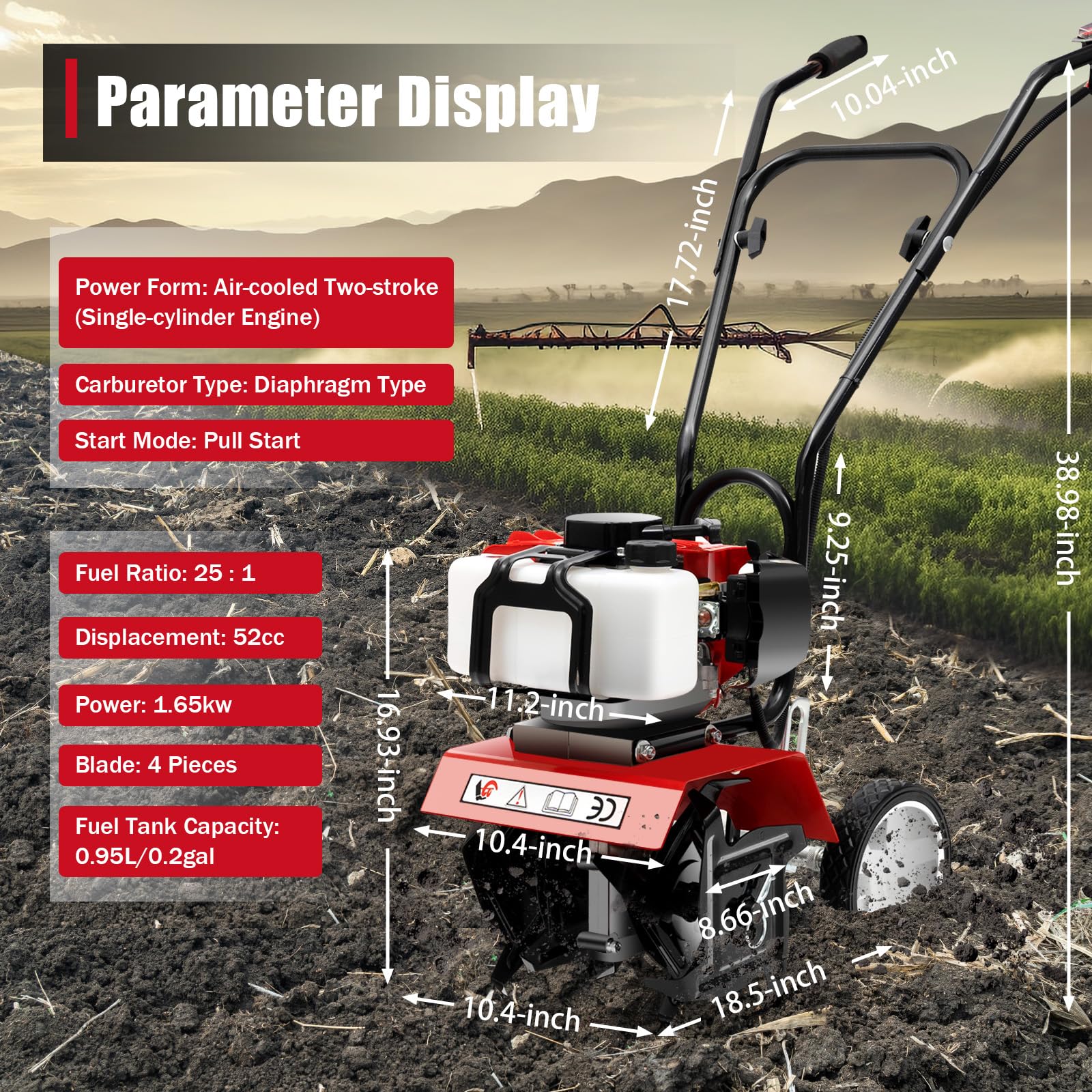 WUPYI Commercial 52cc Gas Powered Mini Tiller Cultivator Farm Plant Garden Yard Lawn Tilling,2HP 2-Stroke,1.45KW