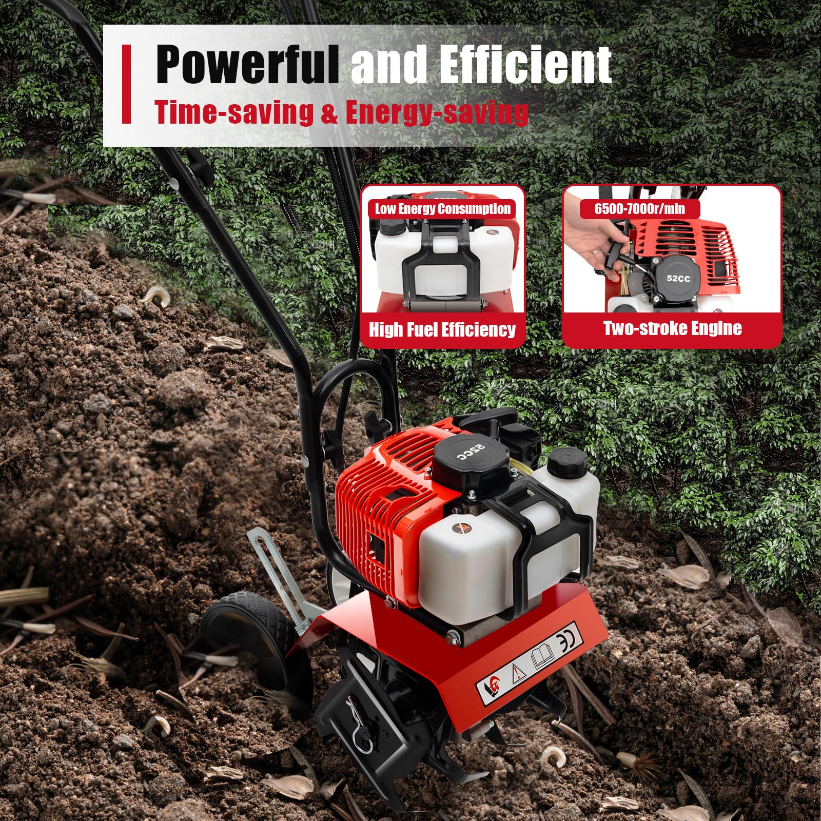 WUPYI Commercial 52cc Gas Powered Mini Tiller Cultivator Farm Plant Garden Yard Lawn Tilling,2HP 2-Stroke,1.45KW