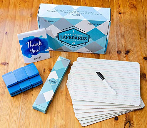 Double Sided Dry Erase Small White Board with Lines (12 Boards + 15 Pens/Erasers) - 9x12 Inch Dry Erase Board for Kids Lapboard, Mini Whiteboard, Small White Board Dry Erase for Students & Classroom