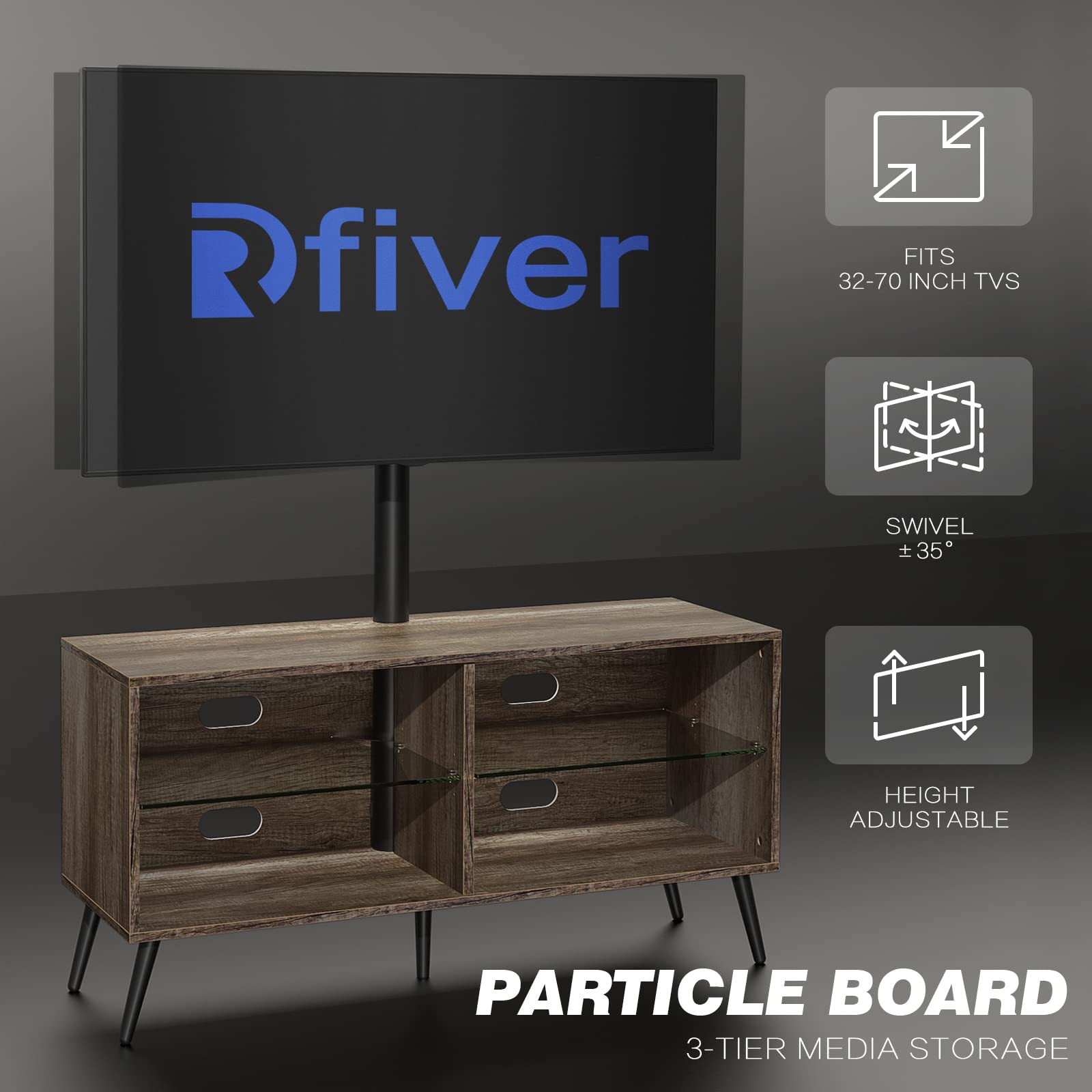 Rfiver Swivel Wood TV Stand with Mount for 32-70 Inch Flat Screen TVs, Entertainment Center with 4-Shelf Storage Cabinet for Media Console, Universal Floor TV Stand Cabinet for Home, Rustic Oak