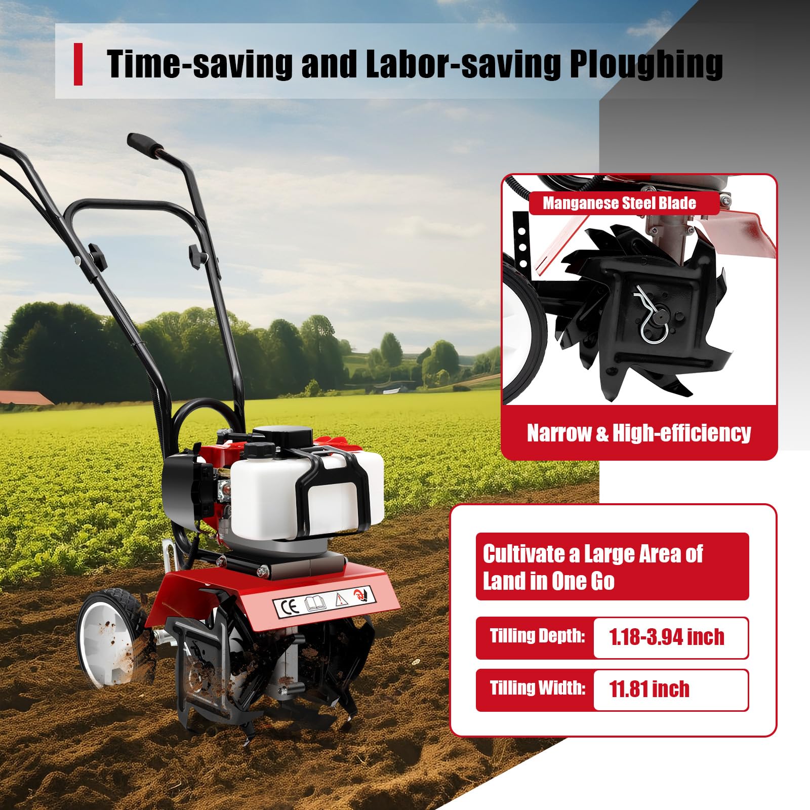 WUPYI Commercial 52cc Gas Powered Mini Tiller Cultivator Farm Plant Garden Yard Lawn Tilling,2HP 2-Stroke,1.45KW