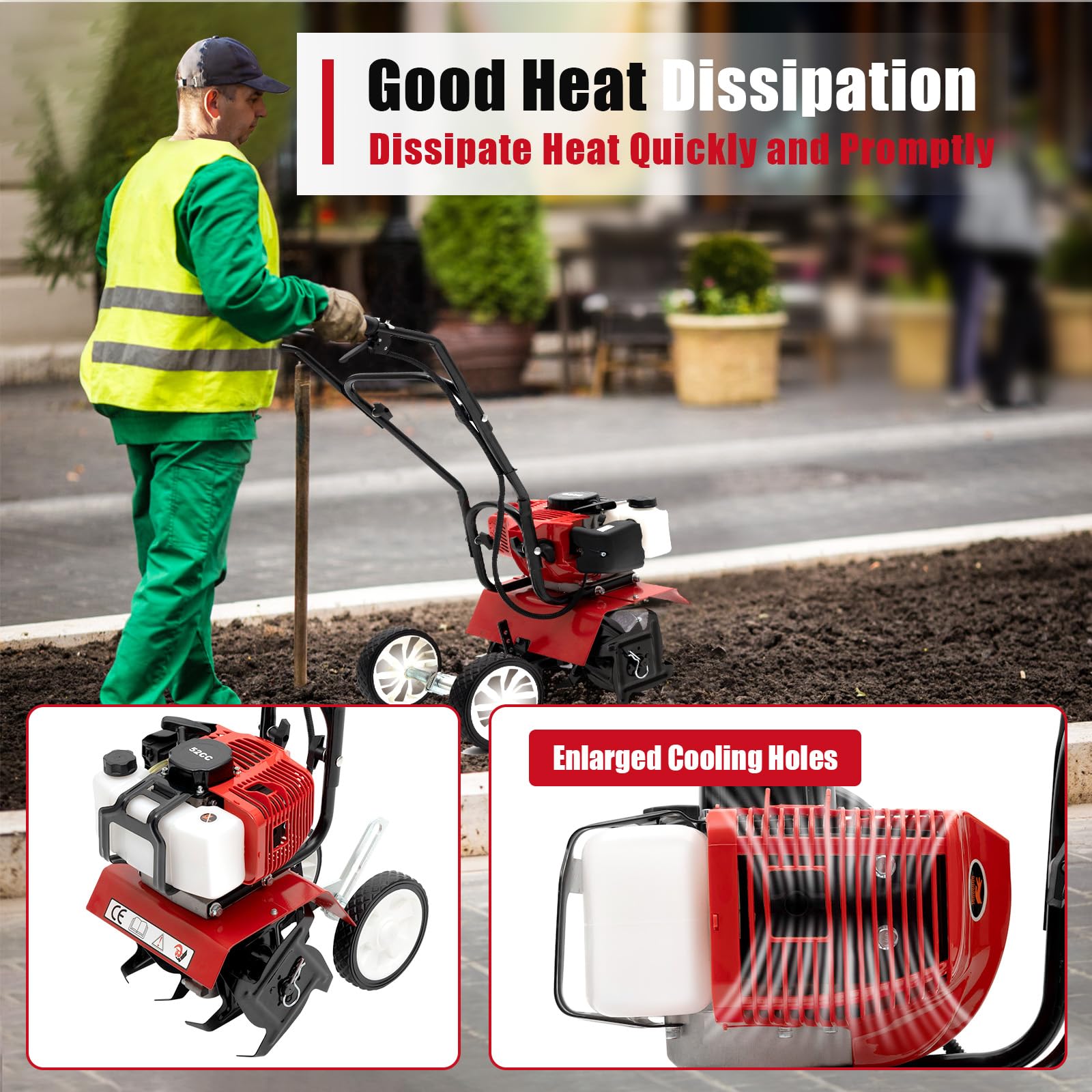 WUPYI Commercial 52cc Gas Powered Mini Tiller Cultivator Farm Plant Garden Yard Lawn Tilling,2HP 2-Stroke,1.45KW