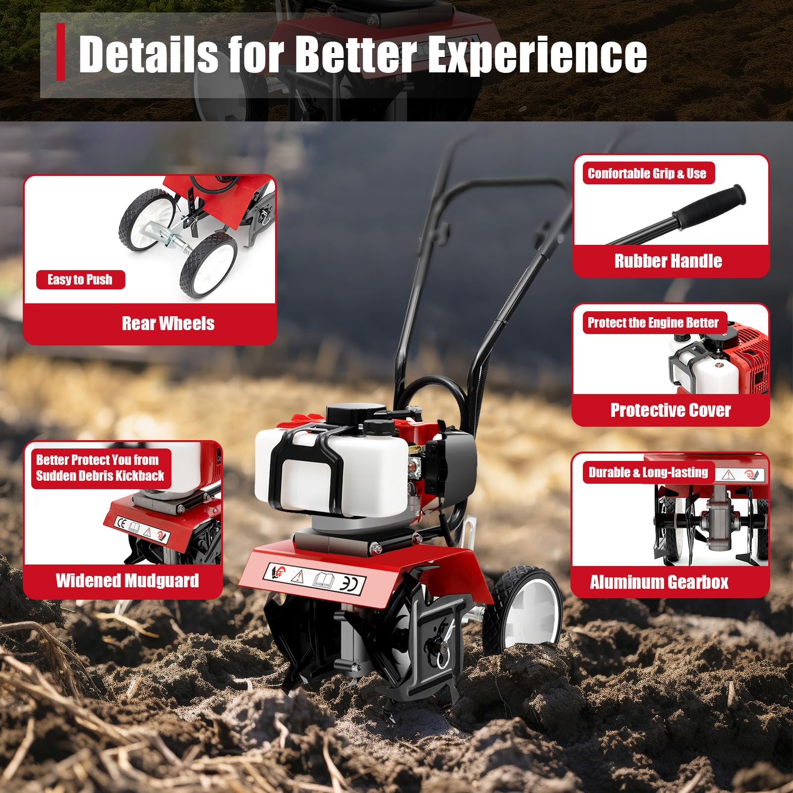 WUPYI Commercial 52cc Gas Powered Mini Tiller Cultivator Farm Plant Garden Yard Lawn Tilling,2HP 2-Stroke,1.45KW