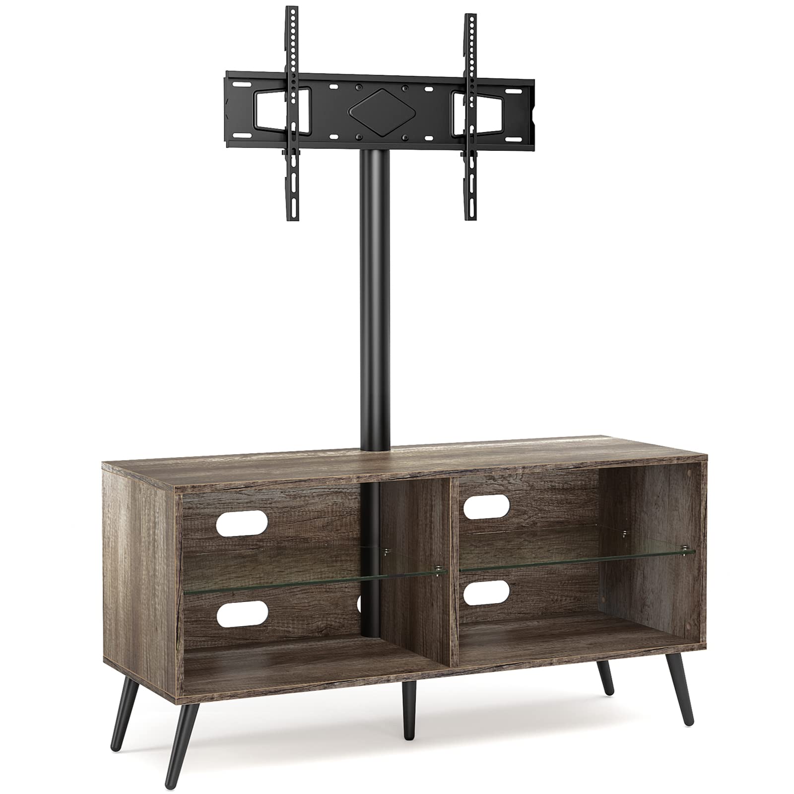 Rfiver Swivel Wood TV Stand with Mount for 32-70 Inch Flat Screen TVs, Entertainment Center with 4-Shelf Storage Cabinet for Media Console, Universal Floor TV Stand Cabinet for Home, Rustic Oak