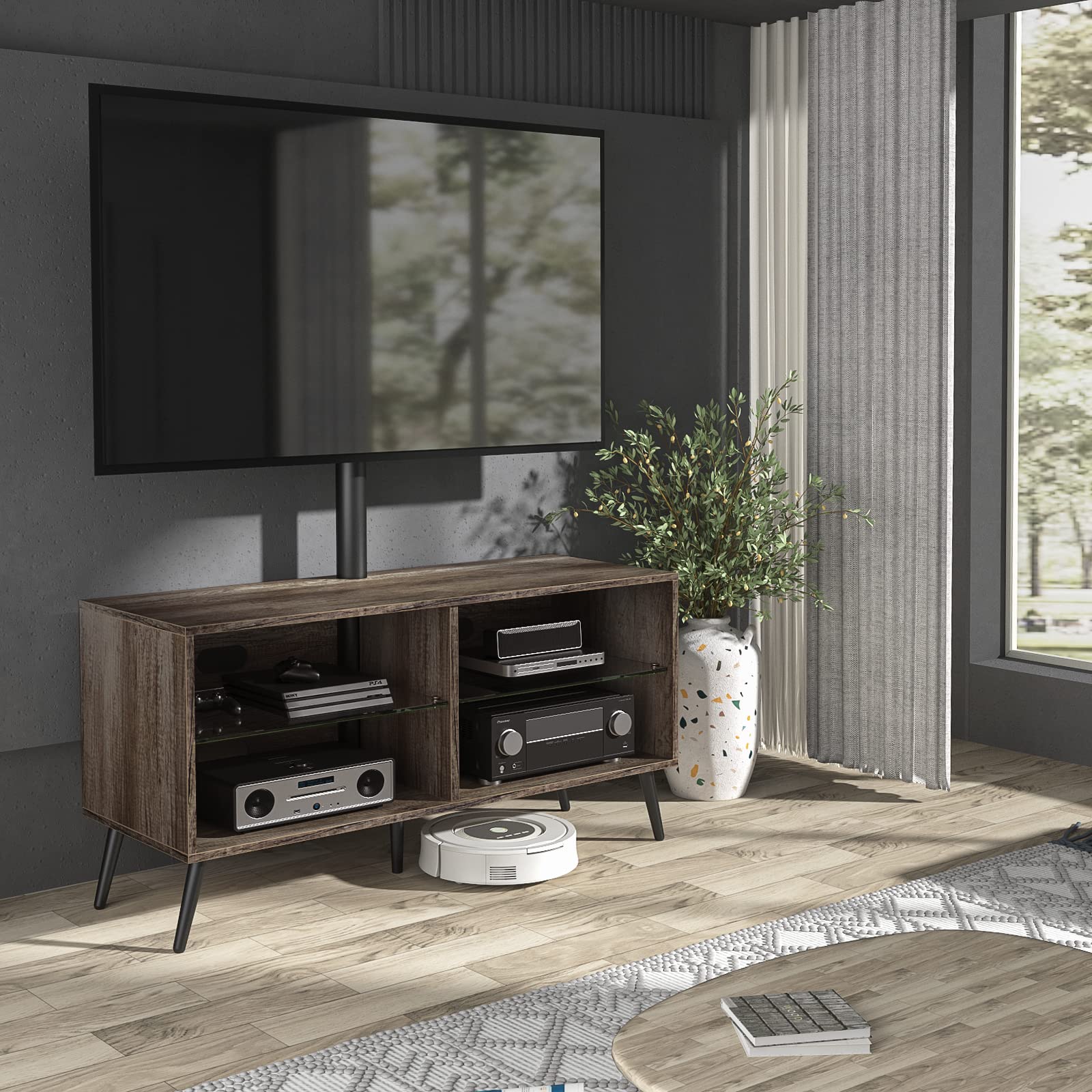 Rfiver Swivel Wood TV Stand with Mount for 32-70 Inch Flat Screen TVs, Entertainment Center with 4-Shelf Storage Cabinet for Media Console, Universal Floor TV Stand Cabinet for Home, Rustic Oak