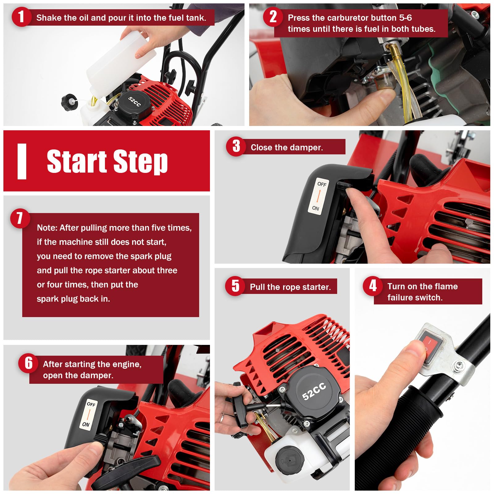 WUPYI Commercial 52cc Gas Powered Mini Tiller Cultivator Farm Plant Garden Yard Lawn Tilling,2HP 2-Stroke,1.45KW