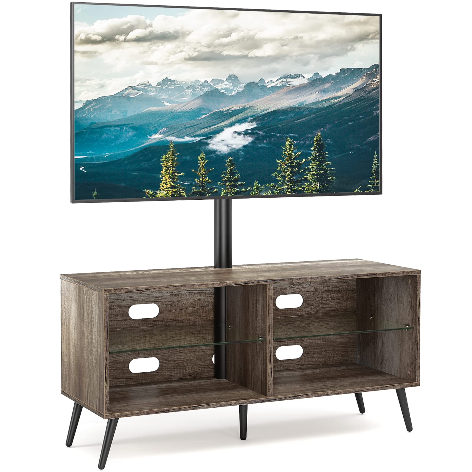 Rfiver Swivel Wood TV Stand with Mount for 32-70 Inch Flat Screen TVs, Entertainment Center with 4-Shelf Storage Cabinet for Media Console, Universal Floor TV Stand Cabinet for Home, Rustic Oak