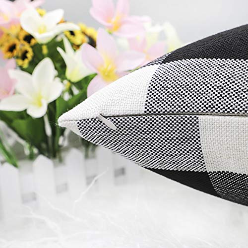 4TH Emotion Set of 2 Farmhouse Buffalo Check Plaid Throw Pillow Covers Cushion Case Polyester Linen for Fall Home Decor Black and White, 12 x 20 Inches