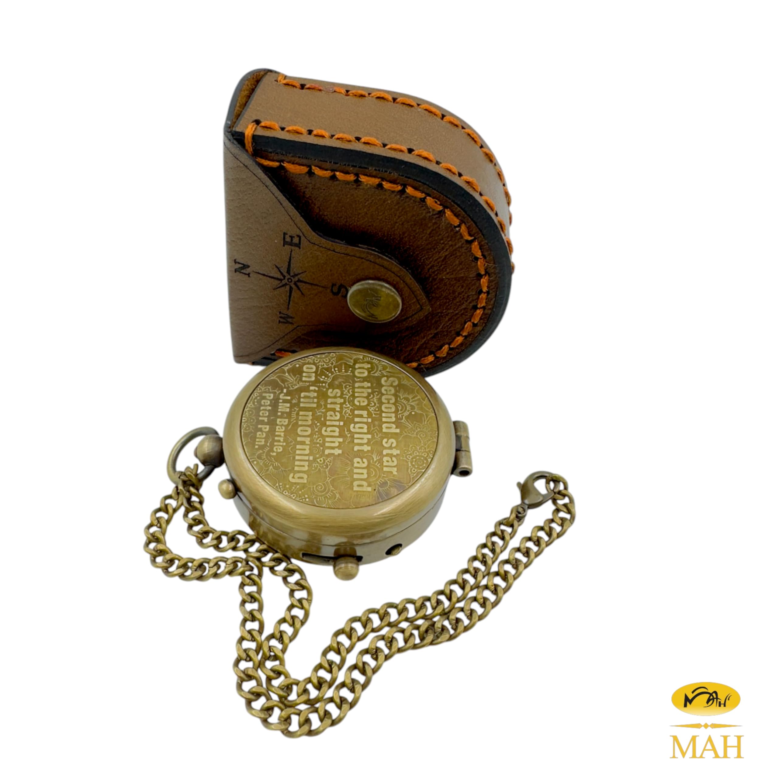 Second Star to The Right J. M. Barrie, Peter Pan Engraved Handmade Brass Compass for Birthday, Graduation Day, Confirmation Gift, Valentine Gift Parting Gift and Campion, Hiking Compass with Case
