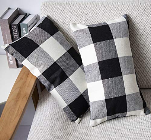 4TH Emotion Set of 2 Farmhouse Buffalo Check Plaid Throw Pillow Covers Cushion Case Polyester Linen for Fall Home Decor Black and White, 12 x 20 Inches