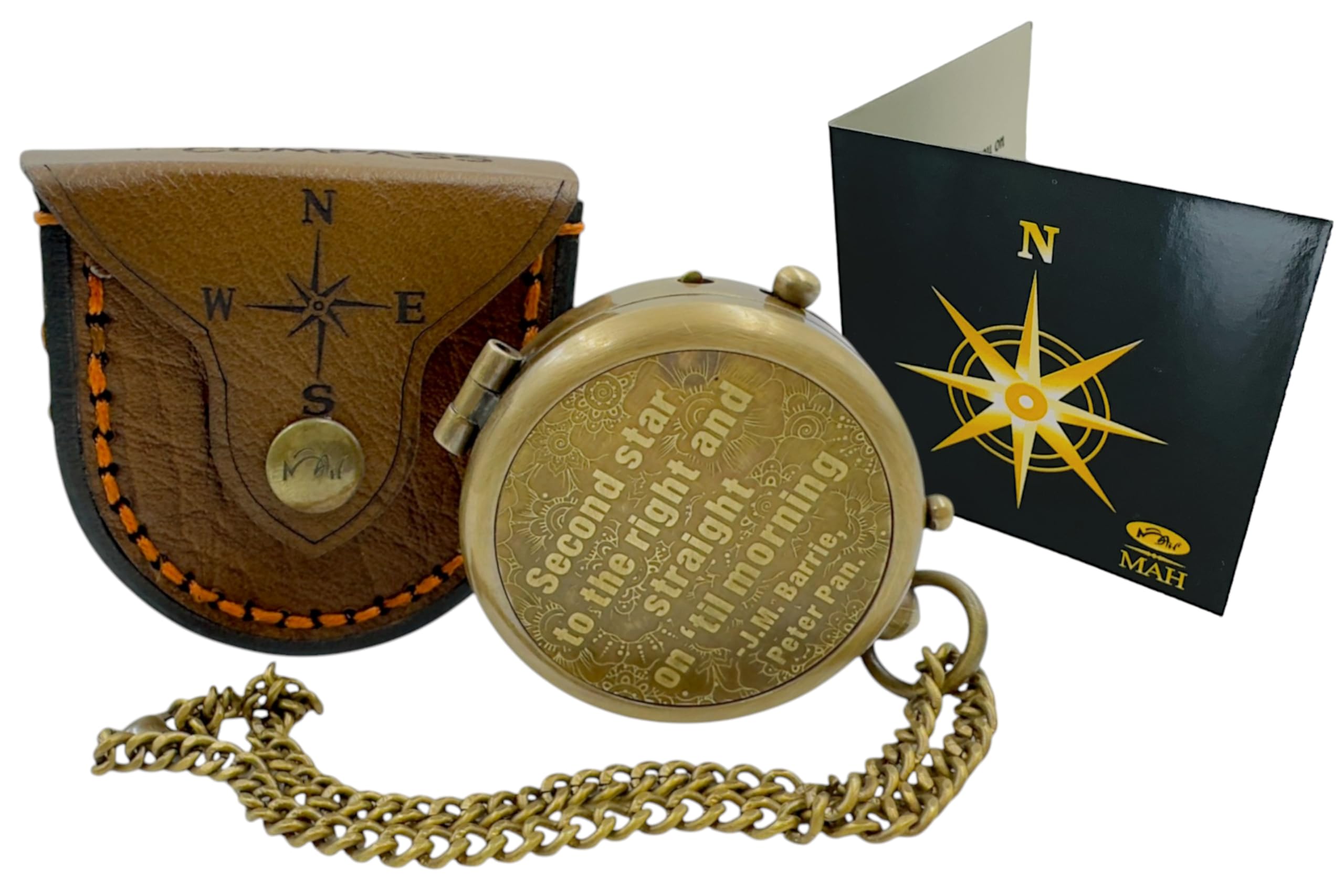 Second Star to The Right J. M. Barrie, Peter Pan Engraved Handmade Brass Compass for Birthday, Graduation Day, Confirmation Gift, Valentine Gift Parting Gift and Campion, Hiking Compass with Case