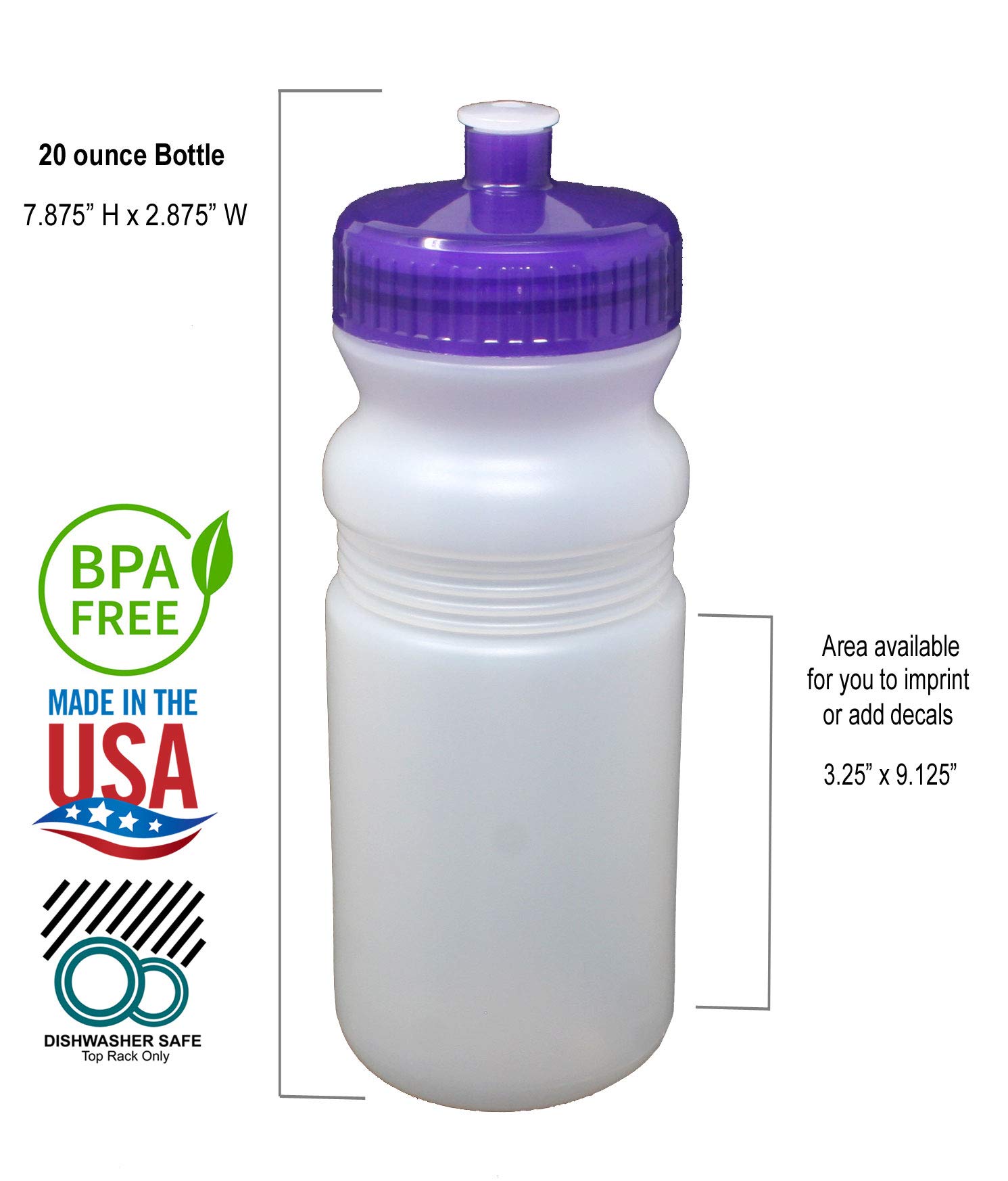 Rolling Sands 20 Ounce Sports Water Bottles 24 Pack, BPA-Free, Made in USA, Dishwasher Safe, Clear Frost Bottles/Purple Lids