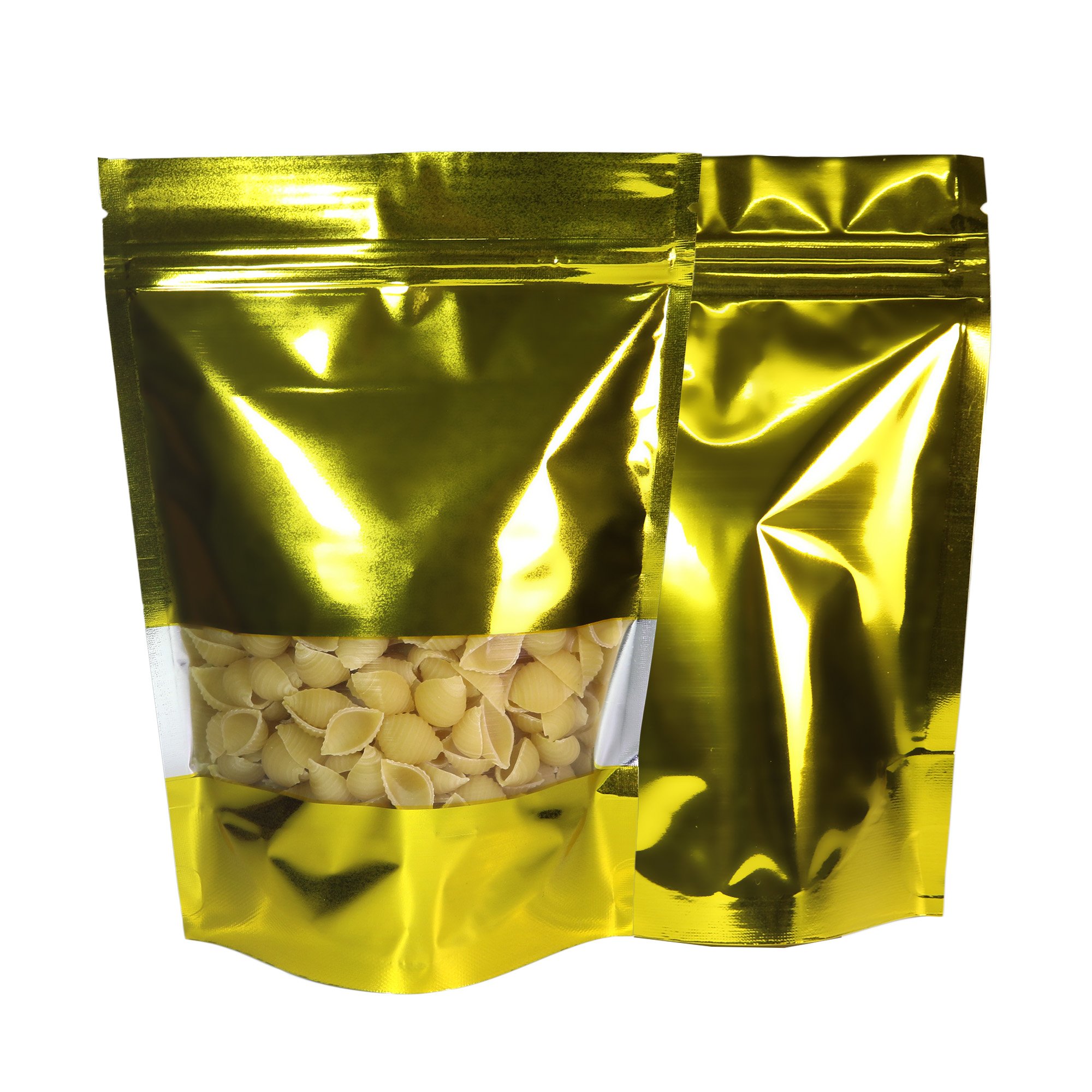 QQ Studio 100 Shiny Colored Aluminum Mylar Foil Clear Window Reclosable QuickQlick™ Stand-Up Bags (4" x 6", Gold)