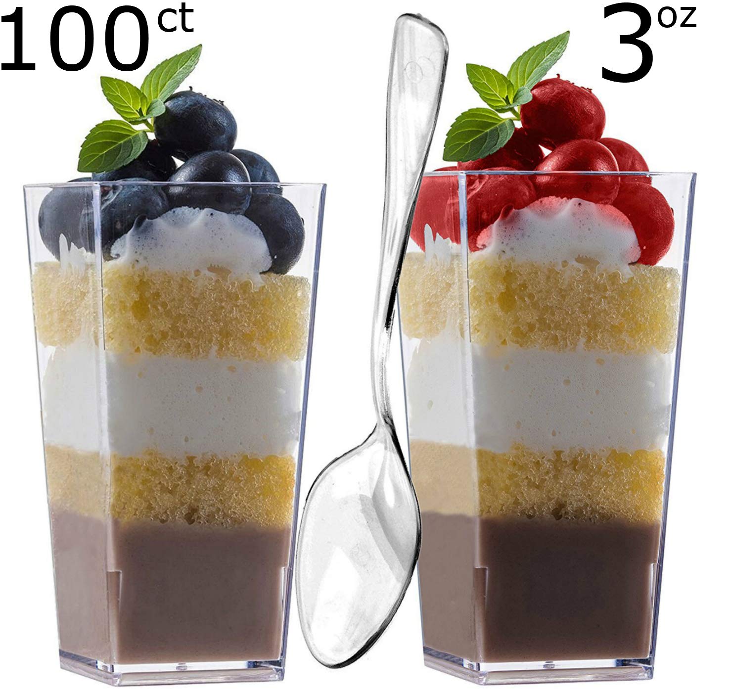 zappy 100 3oz Mini Dessert Cups & 100 Tasting Spoons Tall Square Clear Plastic Dessert Glasses Disposable Shot Glass Tumbler Shooter Cups Parfait Glasses Sample Appetizer Bowls Trifle Bowl 3 oz