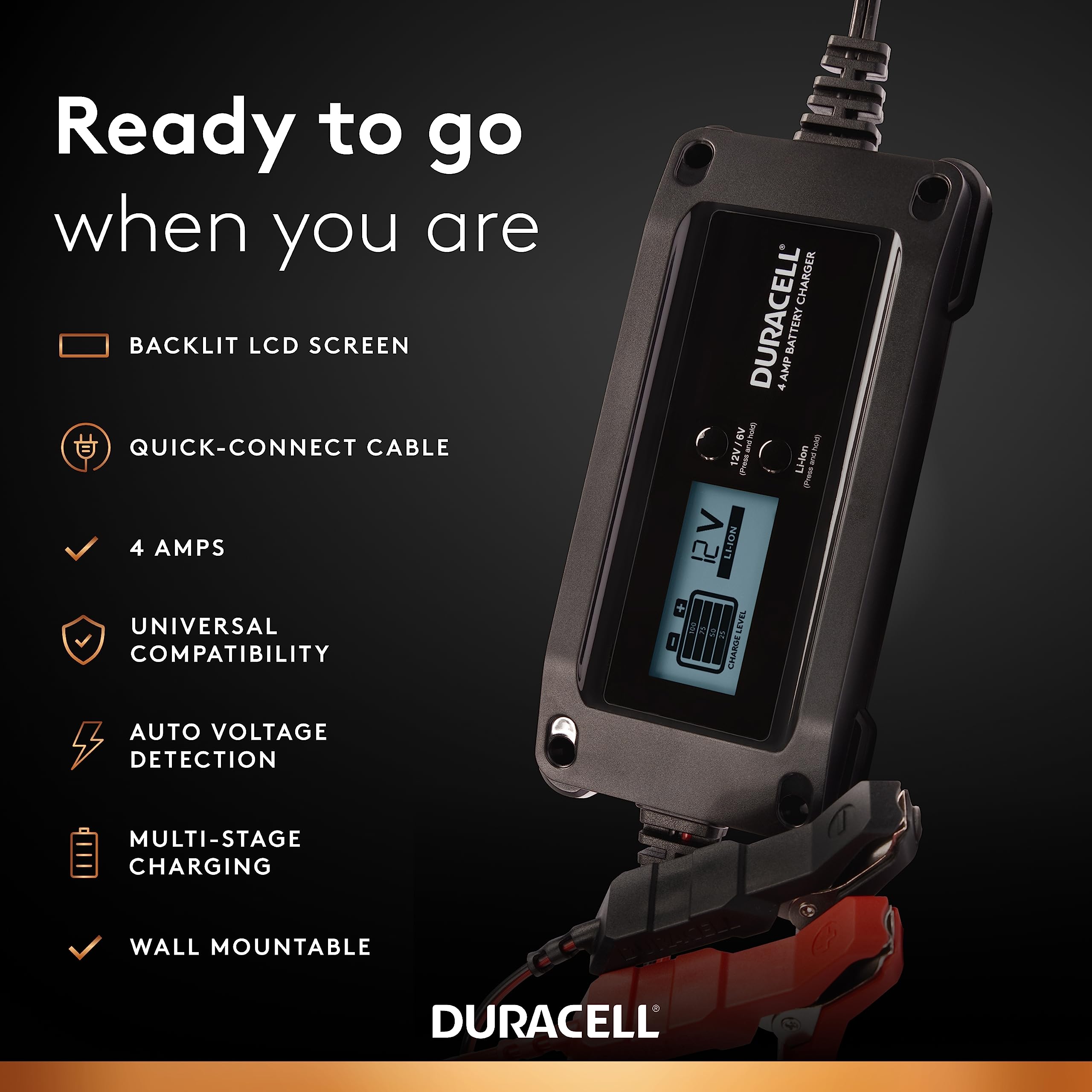Duracell DRMC4A 4 Amp Battery Charger Maintainer with LCD Display for 6V, 12V, Lithium Ion Battery