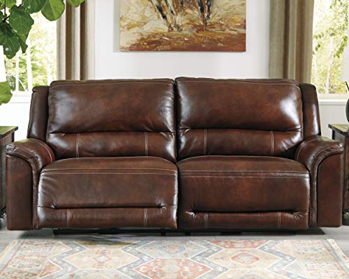 Signature Design by Ashley Catanzaro Leather 2 Seat Dual-Sided Power Reclining Sofa with USB Port, Brown