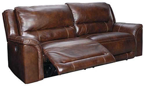 Signature Design by Ashley Catanzaro Leather 2 Seat Dual-Sided Power Reclining Sofa with USB Port, Brown