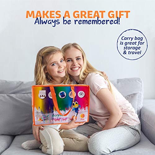 27-Piece Acrylic Paint Set for Kids - 100% Cotton Canvases, Wood Easel, Brushes, Waterproof Smock, Mixing Palette - Portable and Easy Storage