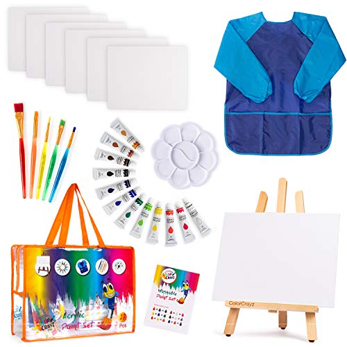 27-Piece Acrylic Paint Set for Kids - 100% Cotton Canvases, Wood Easel, Brushes, Waterproof Smock, Mixing Palette - Portable and Easy Storage