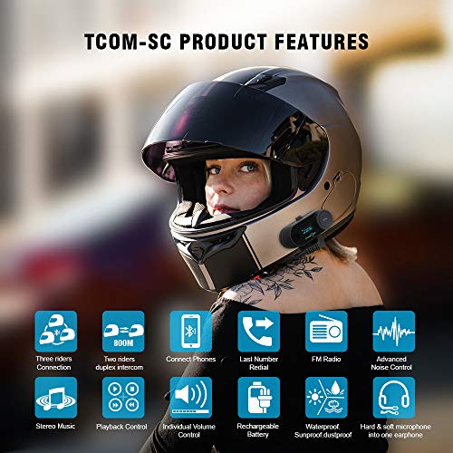 FreedConn Motorcycle Helmet Bluetooth Intercom Interphone Headset Headphones Kit, T-COMSC for 2 or 3 Riders/LCD Screen / MP3 Player/GPS/FM Radio/Hands Free (5 pin)