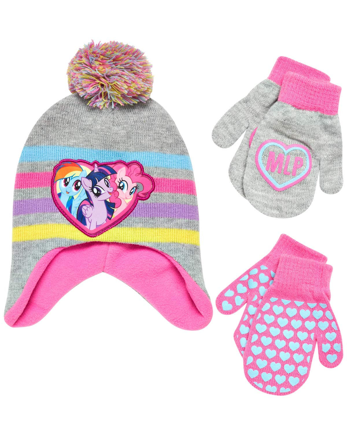 Hasbro My Little Pony Girls Winter Hat and 2 Pair Gloves or Mittens (Toddler/Little Girls), Size Age 2-4, Grey, Pink Design - Age 2-4 - Mittens Set