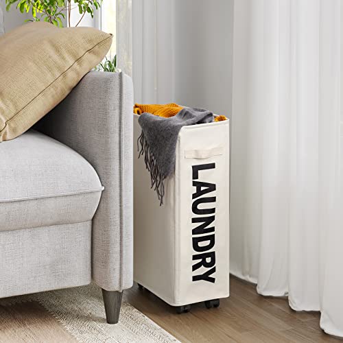 Chrislley 45L Slim Laundry Hamper with Wheels Narrow Rolling Laundry Basket Foldable Dirty Clothes Portable Skinny Hamper Organizer Storage Bins (23.2 inches, Beige 3)