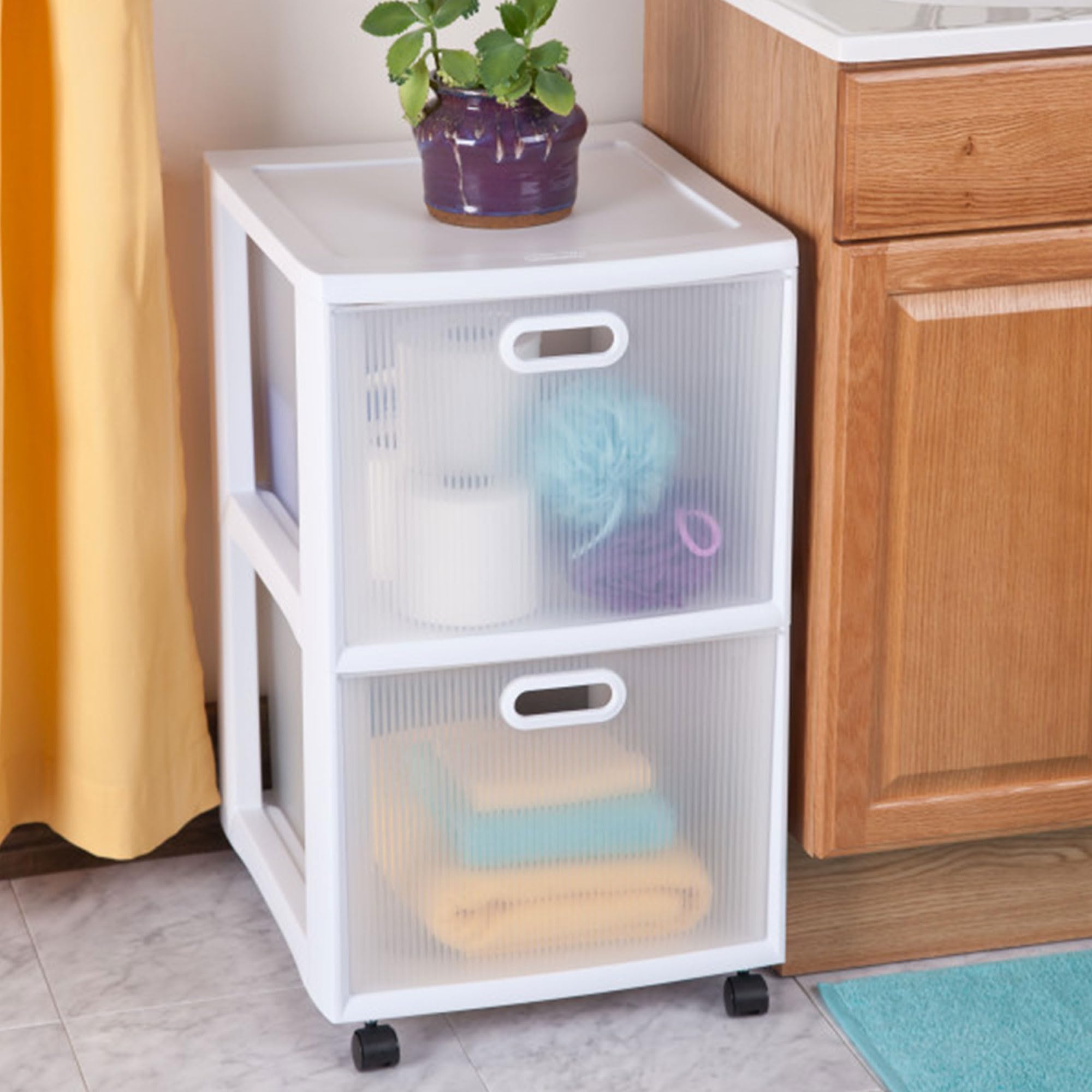 Sterilite Ultra 2 Drawer Filing Storage Cart, Plastic Rolling Cart with Wheels to Organize Desk, Office, White with Textured Clear Drawers, 4-Pack