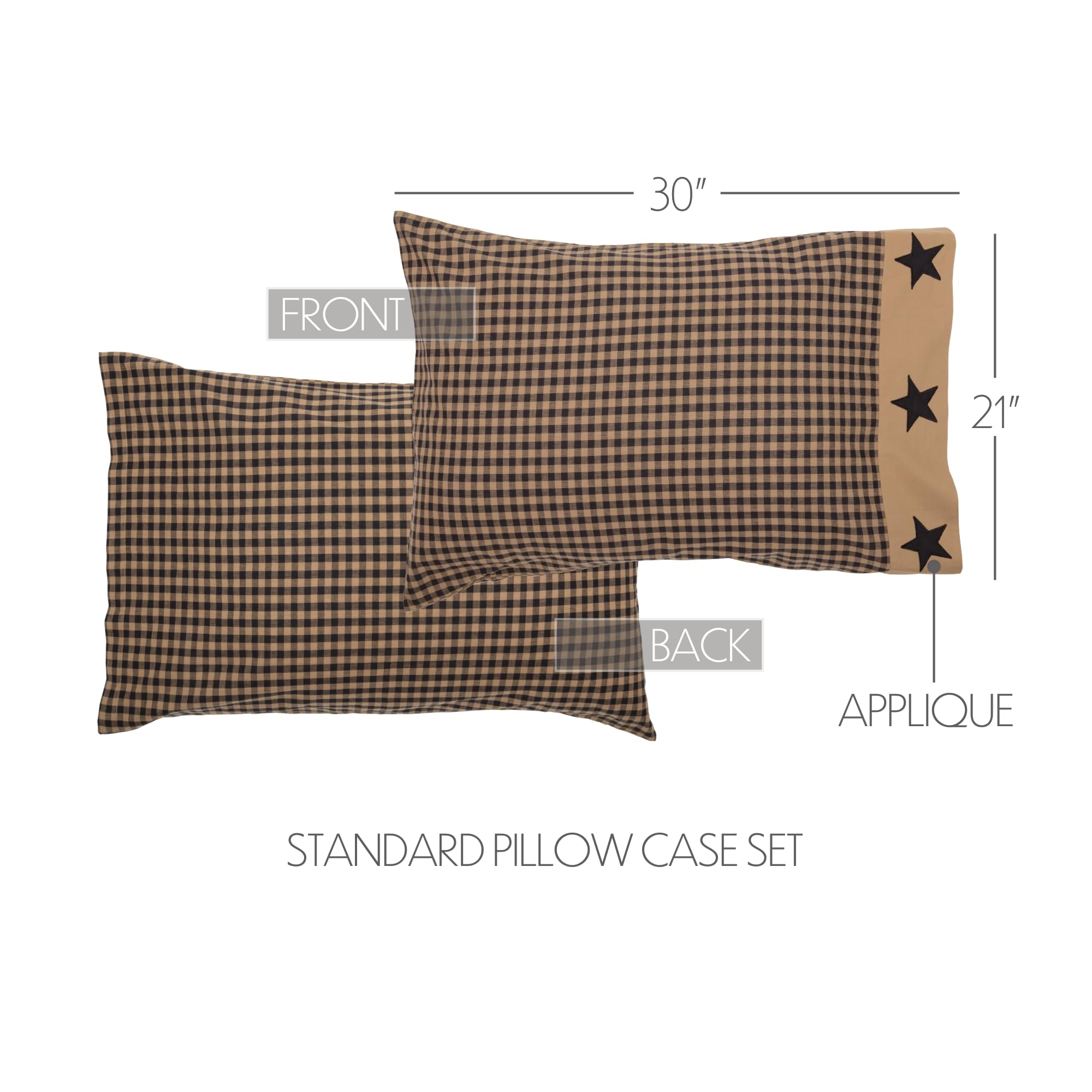 VHC Brands Black Check Star Cotton Primitive Bedding Appliqued Standard Pillow Case