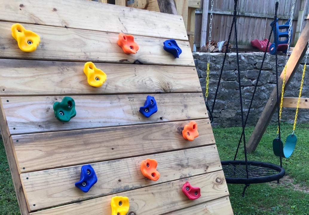 NOSTIFY 25 Pcs Colourful Pig Nose Shape Rock Climbing Holds with Blue & Green Auxiliary Handles, Indoor Outdoor Playground Wooden Play Set Build Exercise Toy Accessory - Mounting Hardware Kit Included