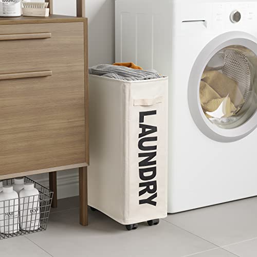 Chrislley 45L Slim Laundry Hamper with Wheels Narrow Rolling Laundry Basket Foldable Dirty Clothes Portable Skinny Hamper Organizer Storage Bins (23.2 inches, Beige 3)