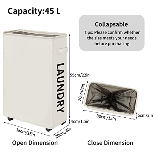 Chrislley 45L Slim Laundry Hamper with Wheels Narrow Rolling Laundry Basket Foldable Dirty Clothes Portable Skinny Hamper Organizer Storage Bins (23.2 inches, Beige 3)